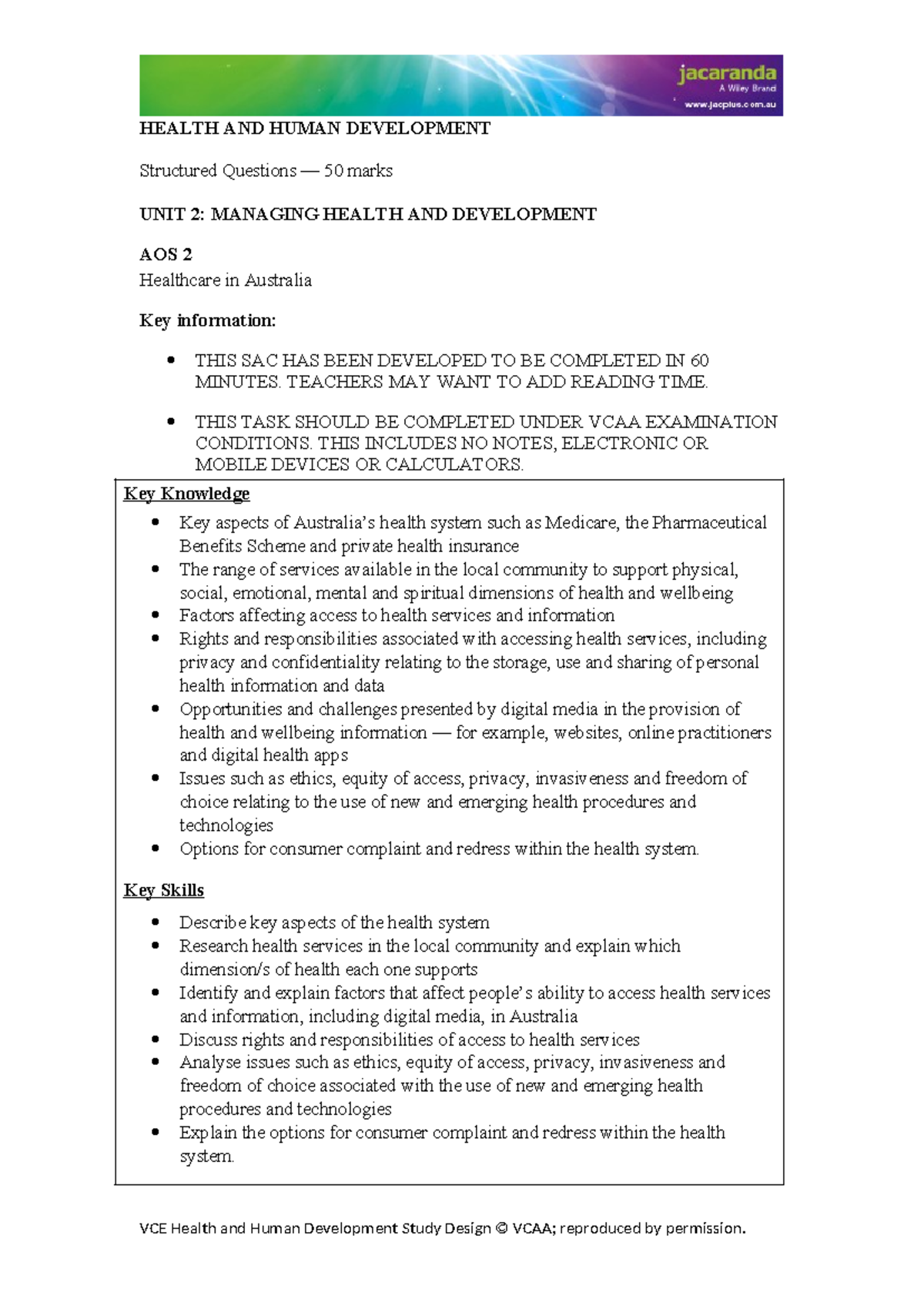 Practice SAC health - HEALTH AND HUMAN DEVELOPMENT Structured Questions ...