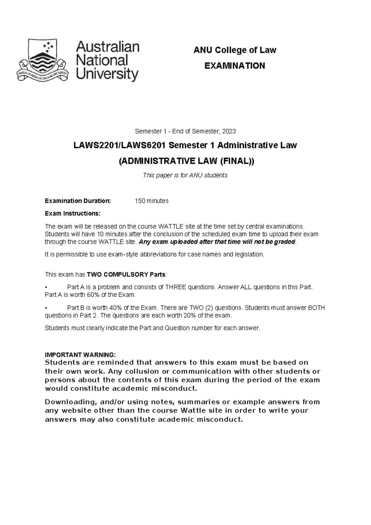 Exam preparation practice questions - ANU College of Law EXAMINATION ...