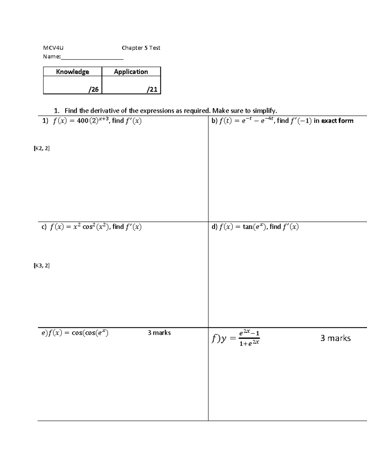 MCV4U Chapter 5 Test: Derivatives and Applications - Studocu