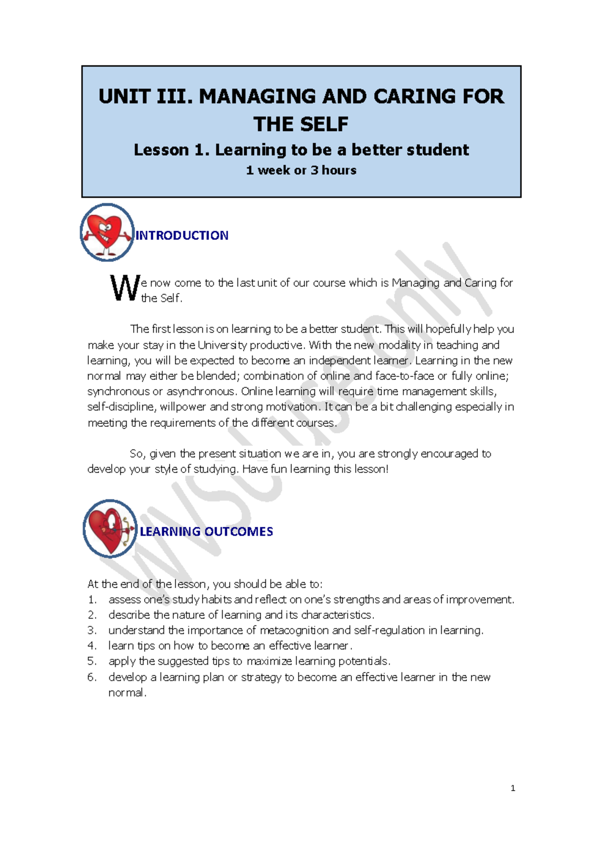UNIT MANAGING AND CARING FOR THE SELF Lesson 1: Becoming a Better ...