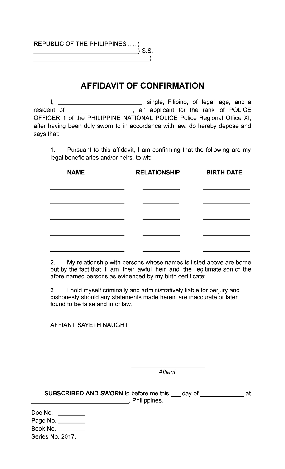 Affidavit of Confirmation for PNP Officer 1 Application - Studocu