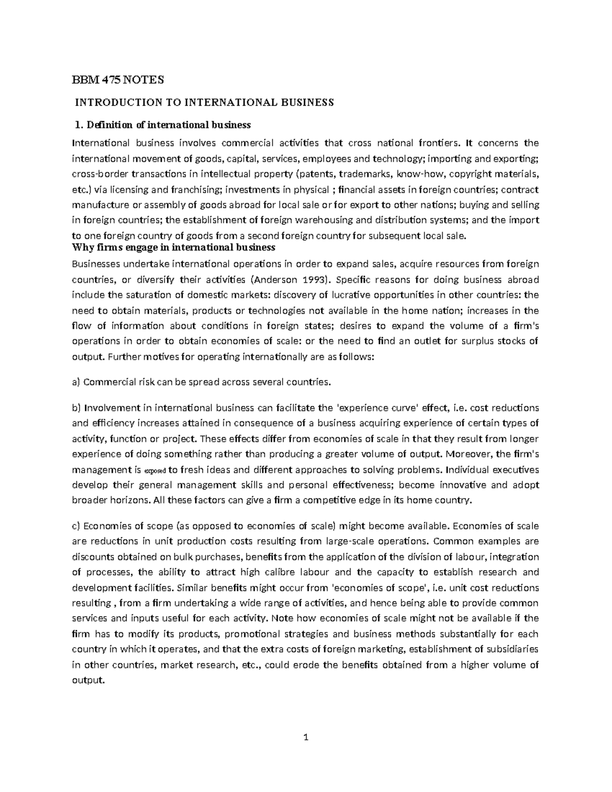 BBM 475 Final Exam Notes: Introduction to International Business - Studocu