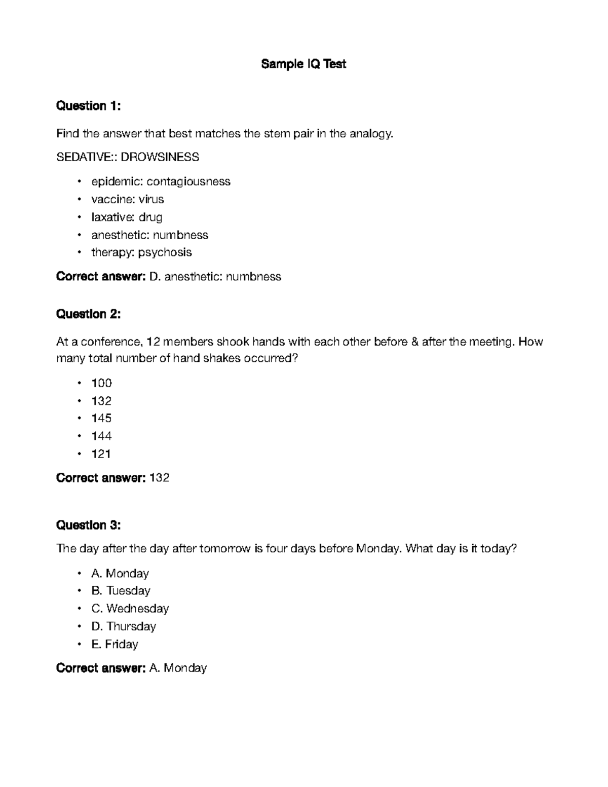 Sample IQ Test - SampleIQ Test Question 1 ...
