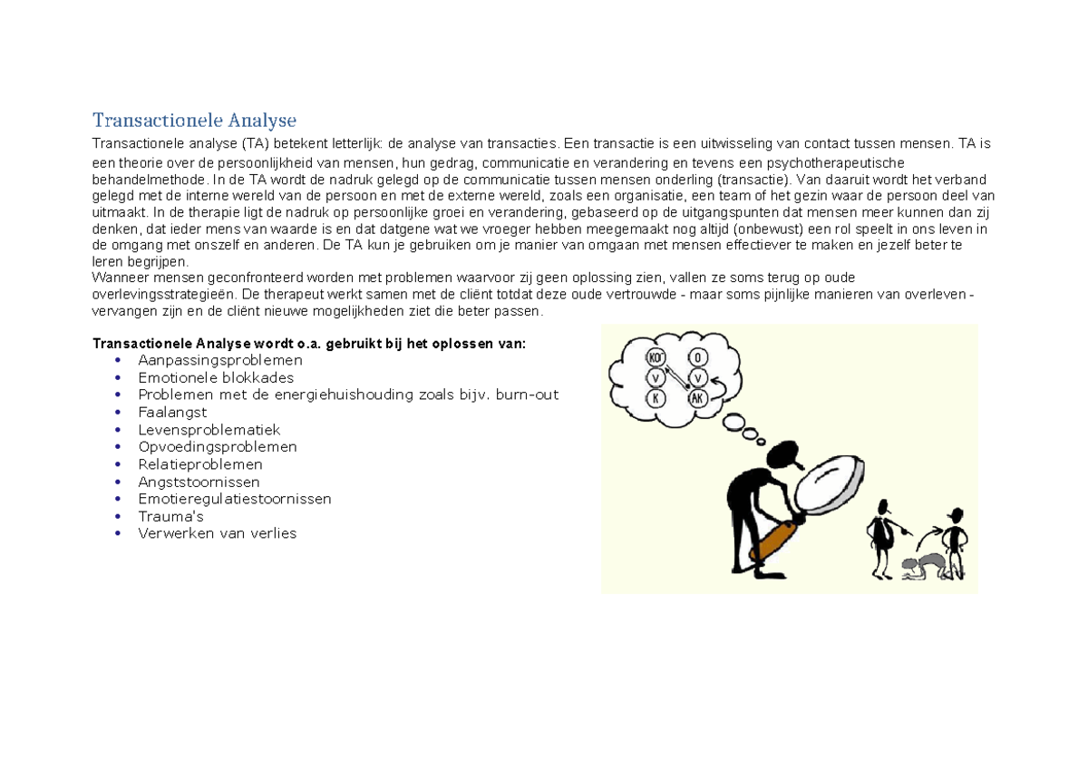 Transactionele Analyse: Theorie en Toepassing in Therapie - Studeersnel