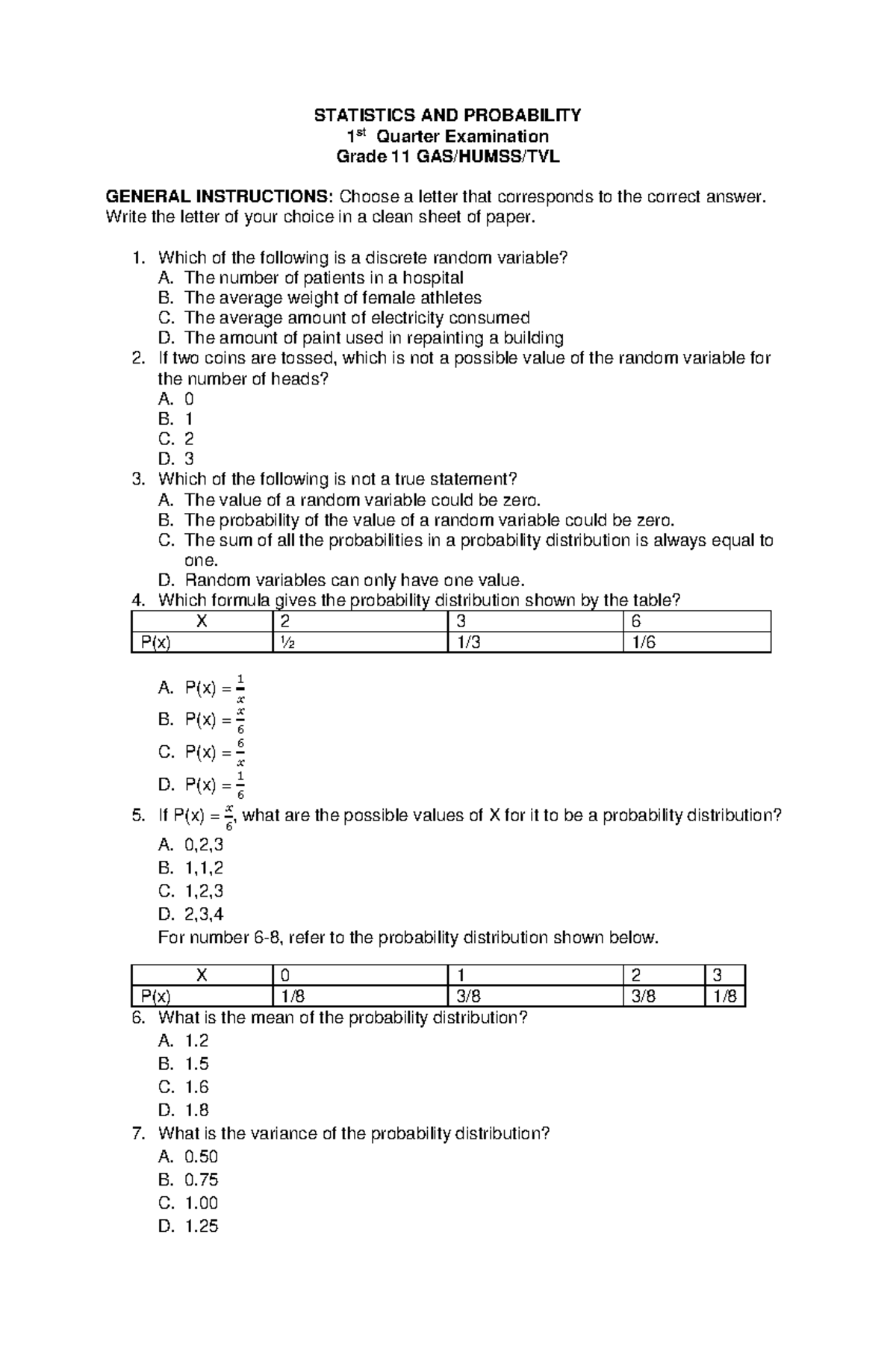 420298639 Grade 11 1st Quarter Exam on Statistics & Probability - Studocu
