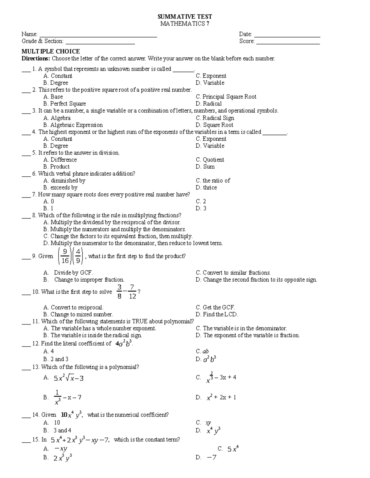 Q3 - Math 7 Summative Test on Algebraic Concepts - Studocu