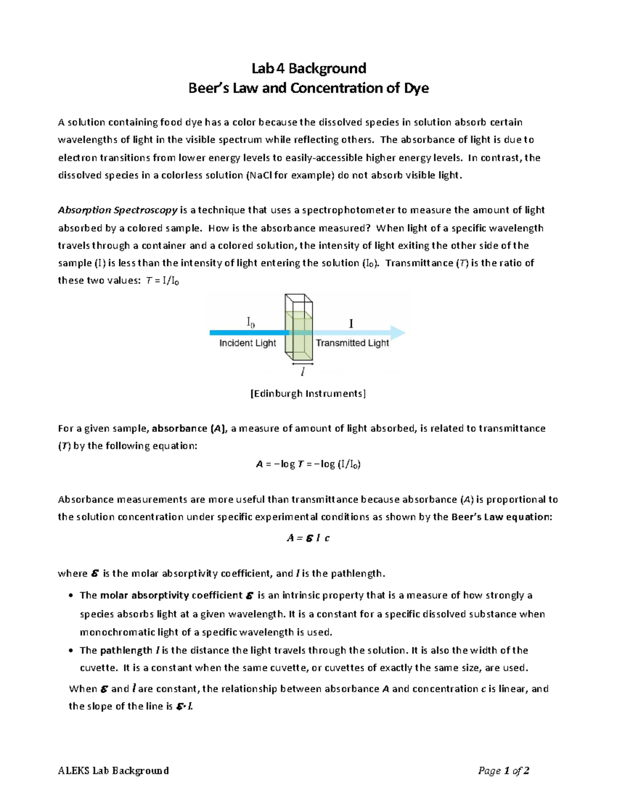 Lab 4 Background: Beer's Law & Dye Concentration Analysis - Studocu