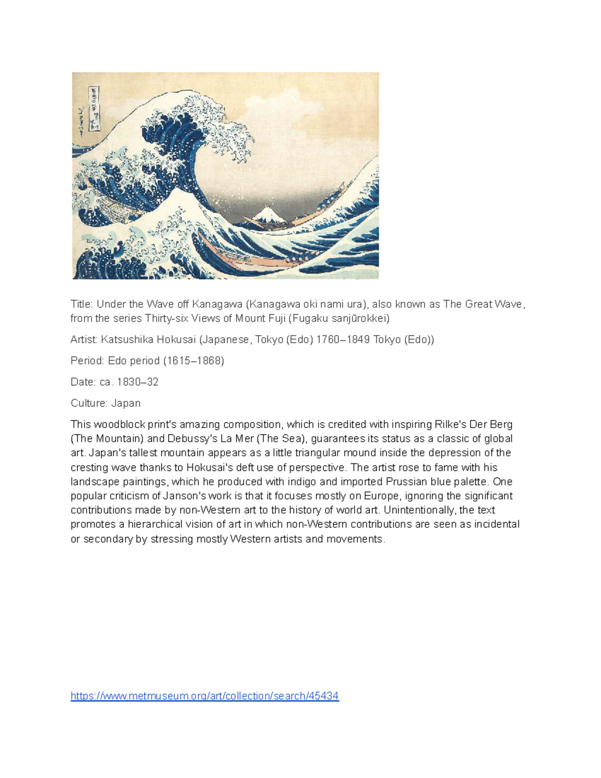 Rough Art History 2 - Essay on Hokusai's Great Wave Significance - Studocu
