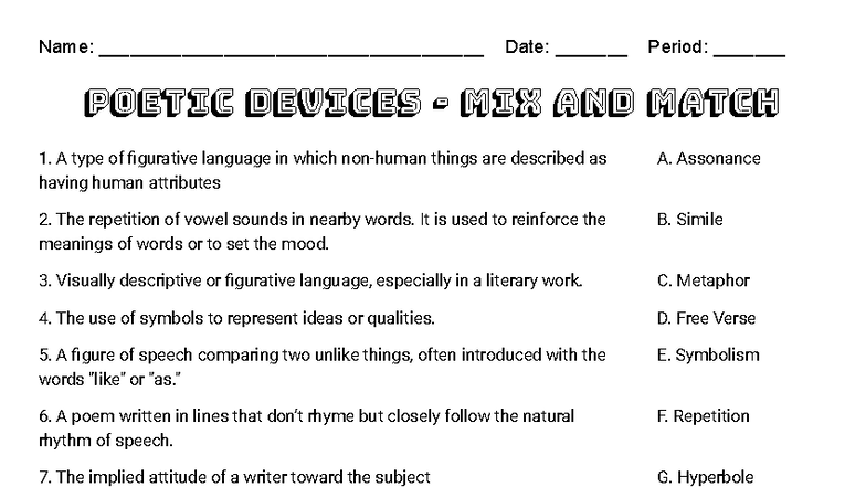 Poetic Devices - Mix and Match Activity (ENG101) - Studocu