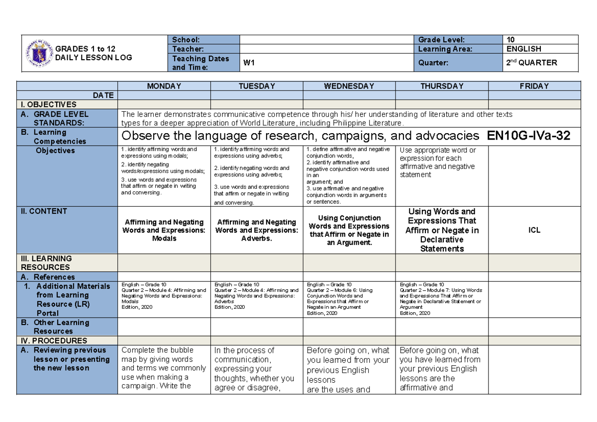 English 10 Q2 Week 1: Affirming & Negating Words and Expressions - Studocu