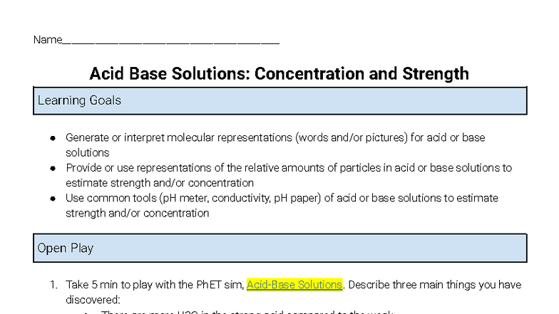 PhET acid-base solutions concentration and strength student activity ...