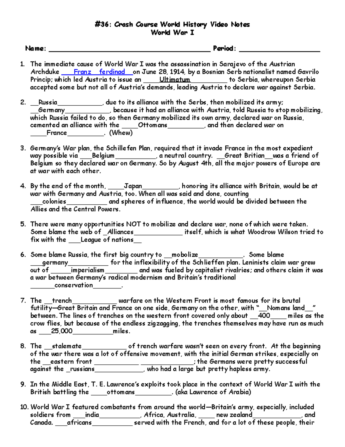 Copy of World History - Unit 4 - World War I Crash Course - #36: Crash ...