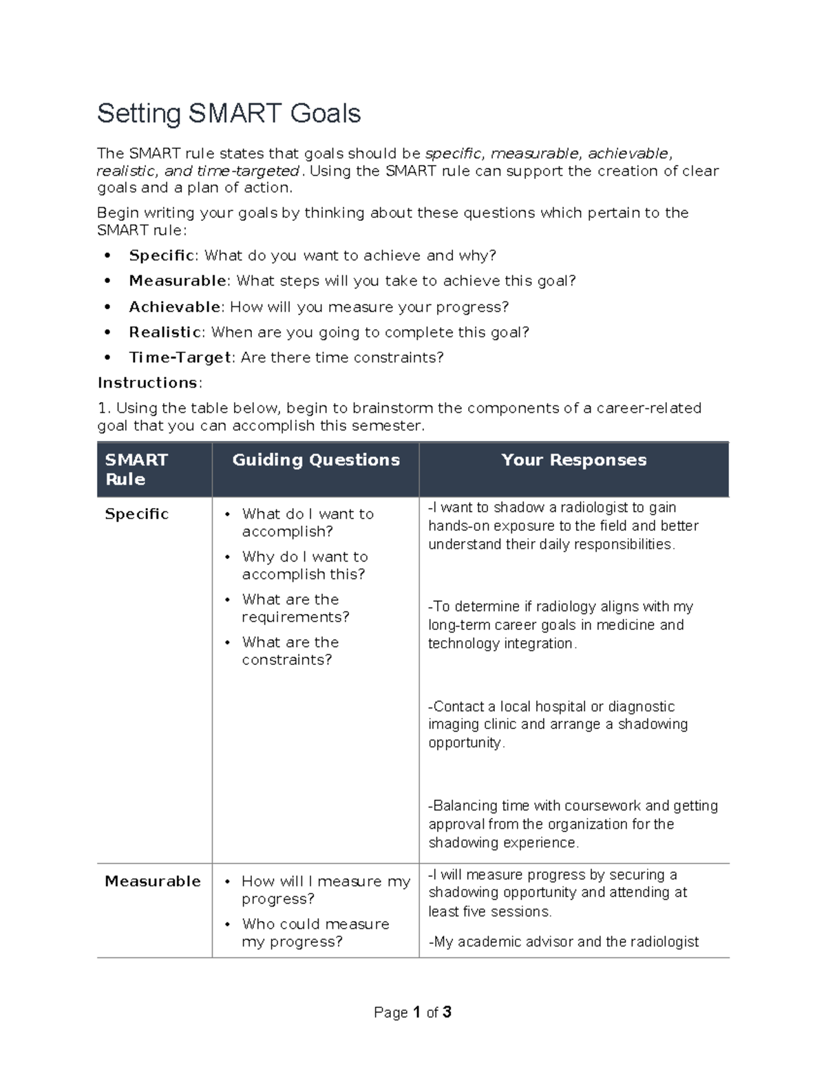 SMART Goals Worksheet for Career Planning and Action - Studocu