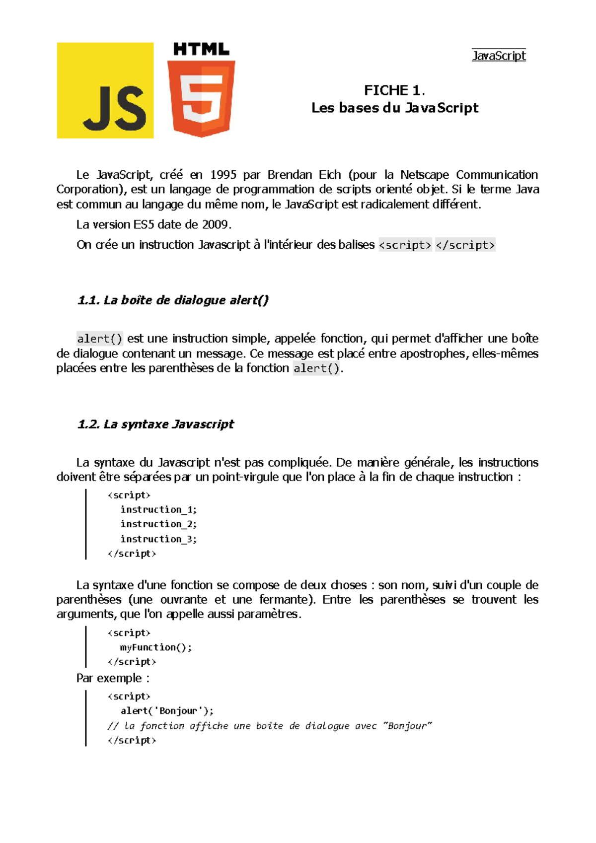 Fiches de Révision JavaScript (JS101) - Concepts et Syntaxe de Base ...