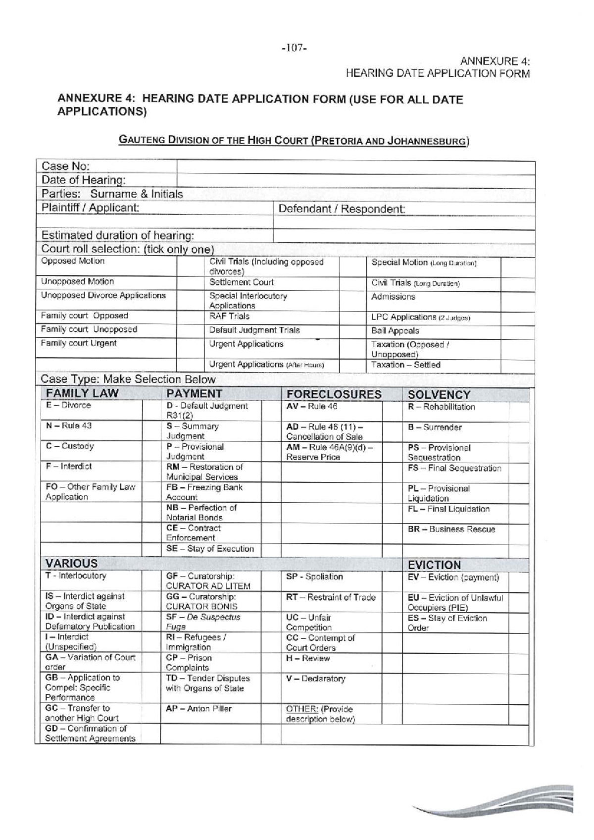 Hearing Date Application Form ANN 4: Gauteng High Court Pta & Jhb - Studocu