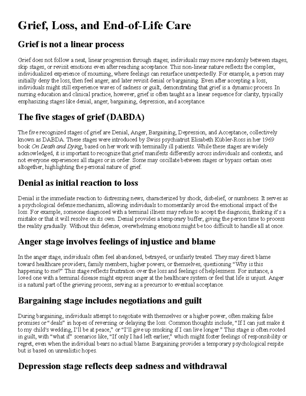 Care of the Imminently Dying: Grief and Loss in Nursing Practice - Studocu