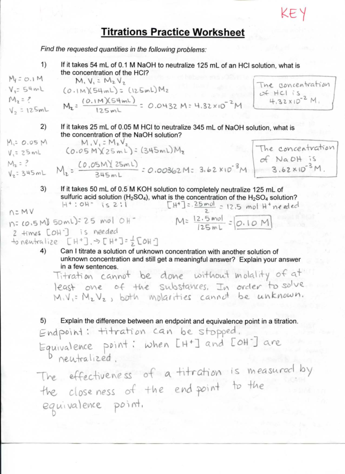 Titration Practice Worksheet: Calculating Concentrations & Moles - Studocu