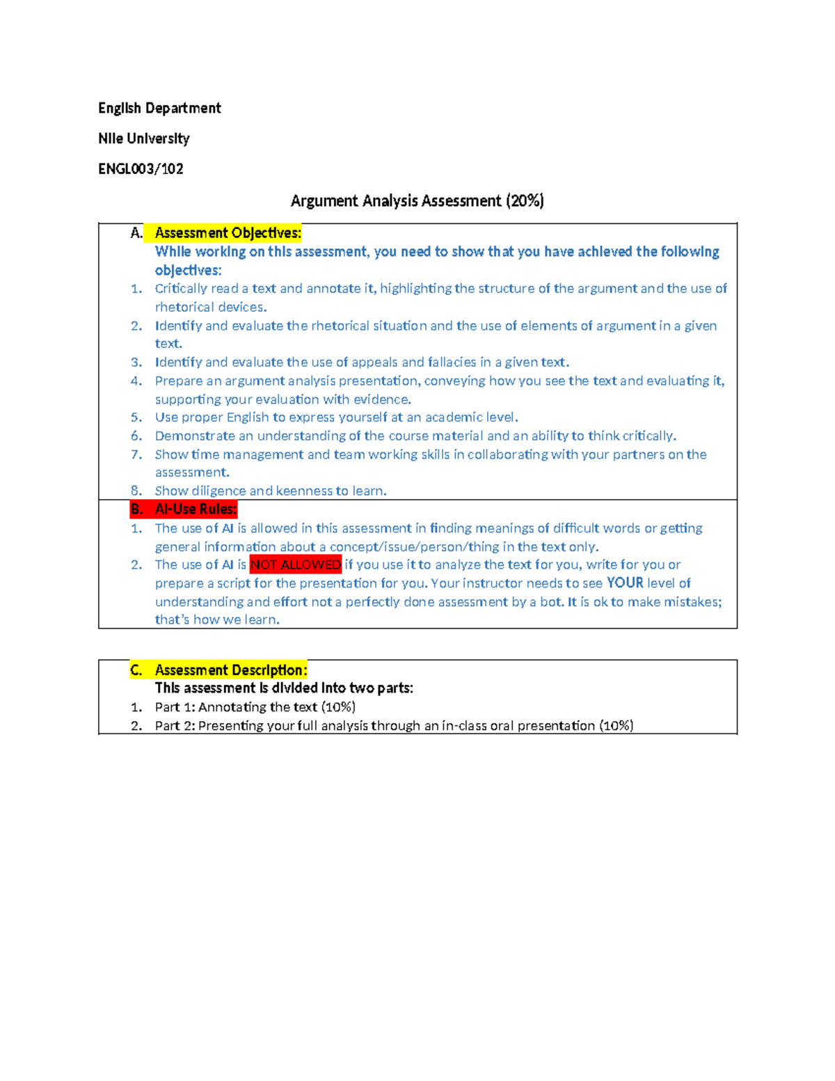 ENG 101 Argument Analysis Assessment: Annotations & Presentation Guide ...