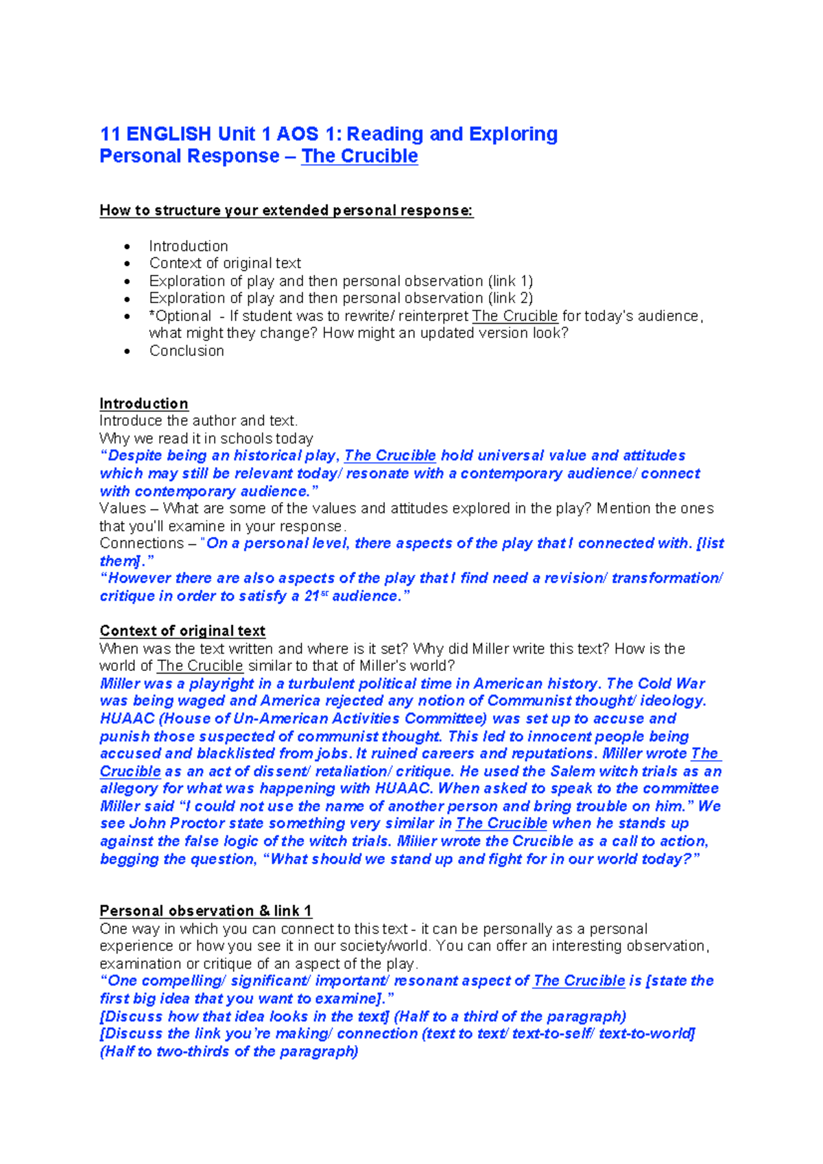 11 ENGLISH Unit 1 AOS 1: Personal Response to The Crucible - Studocu