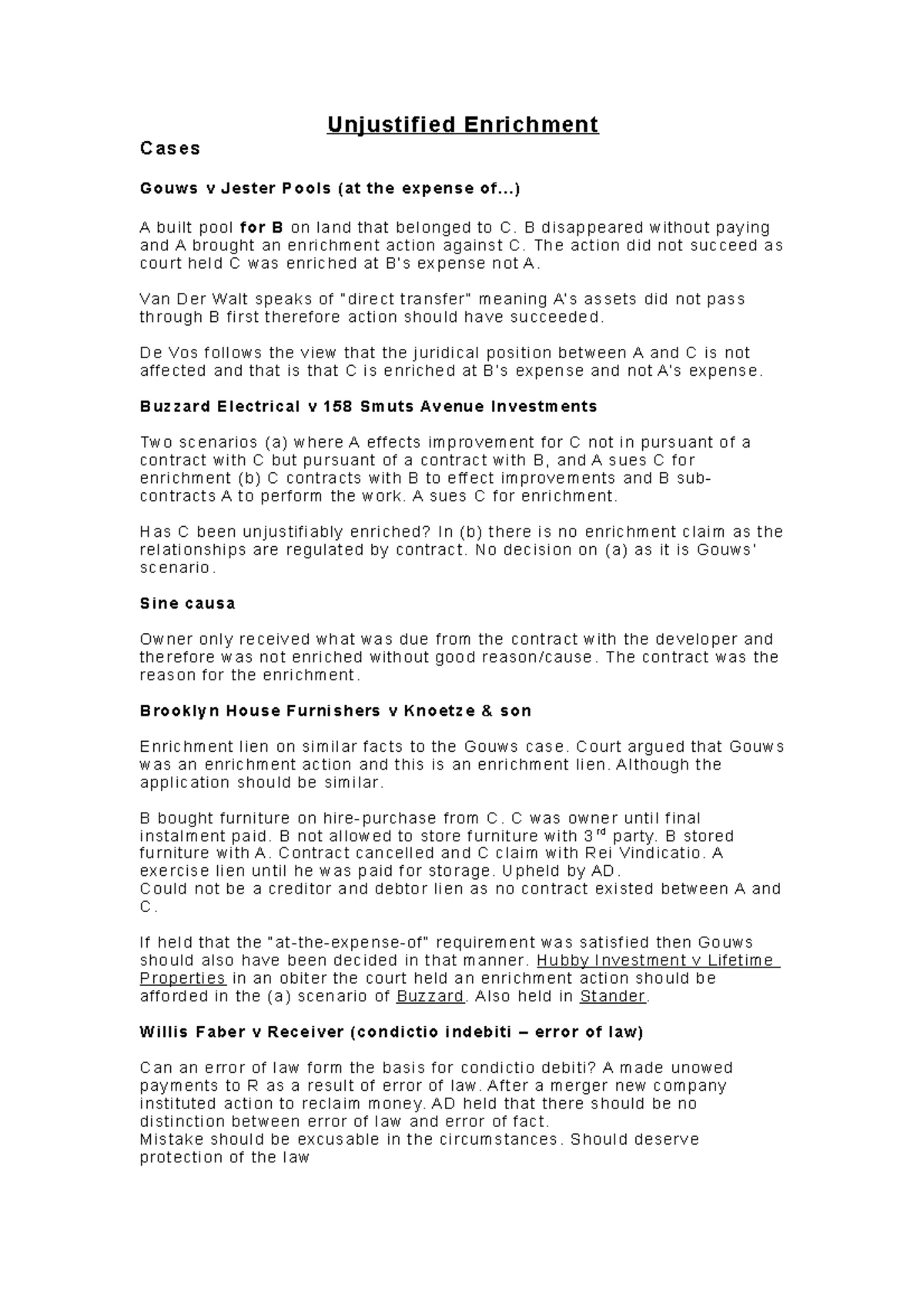 Unjustified Enrichment in South African Law: Key Concepts and Cases ...