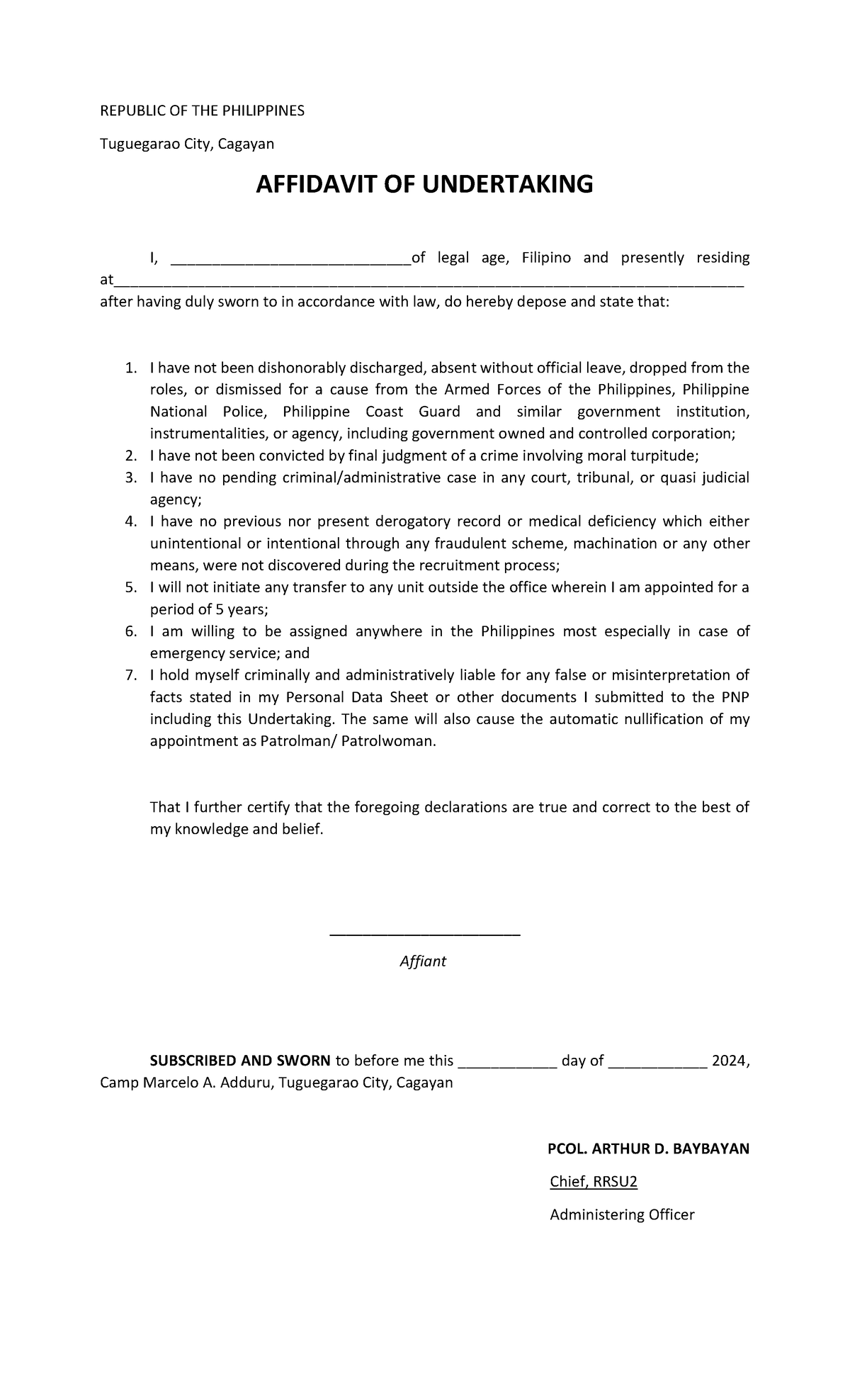 Affidavit of Undertaking for PNP Appointment - 2024 - Studocu