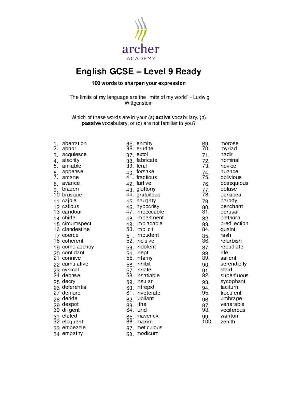 English GCSE Level 9 vocabulary list: 100 words for expression - Studocu