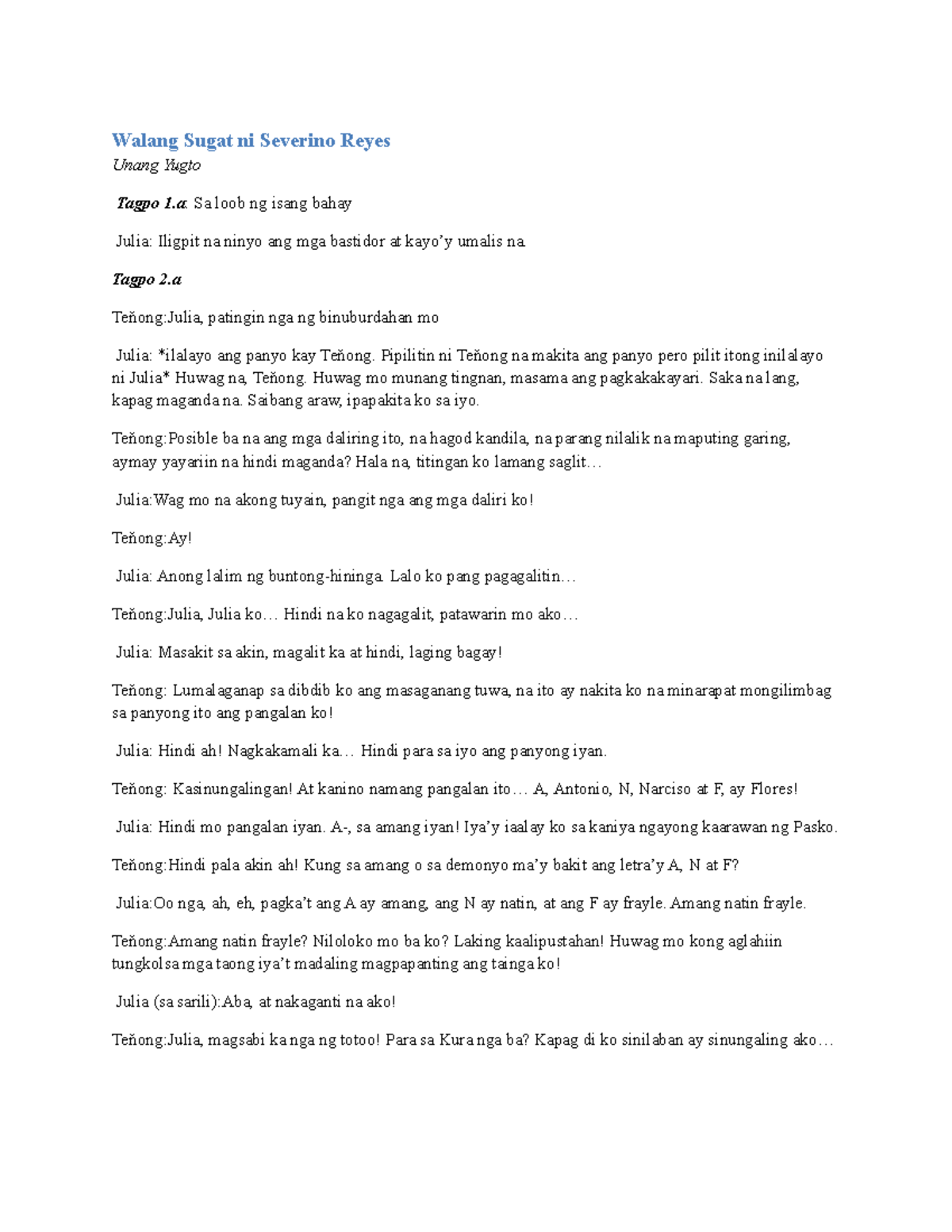 Walang Sugat Script ni Severino Reyes: Unang Yugto Tagpo - Studocu