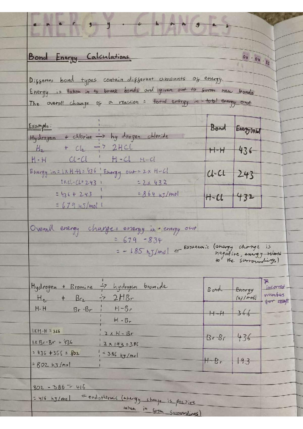 Bond Energy Calculations: Combined Science Chemistry GCSE Notes - Studocu