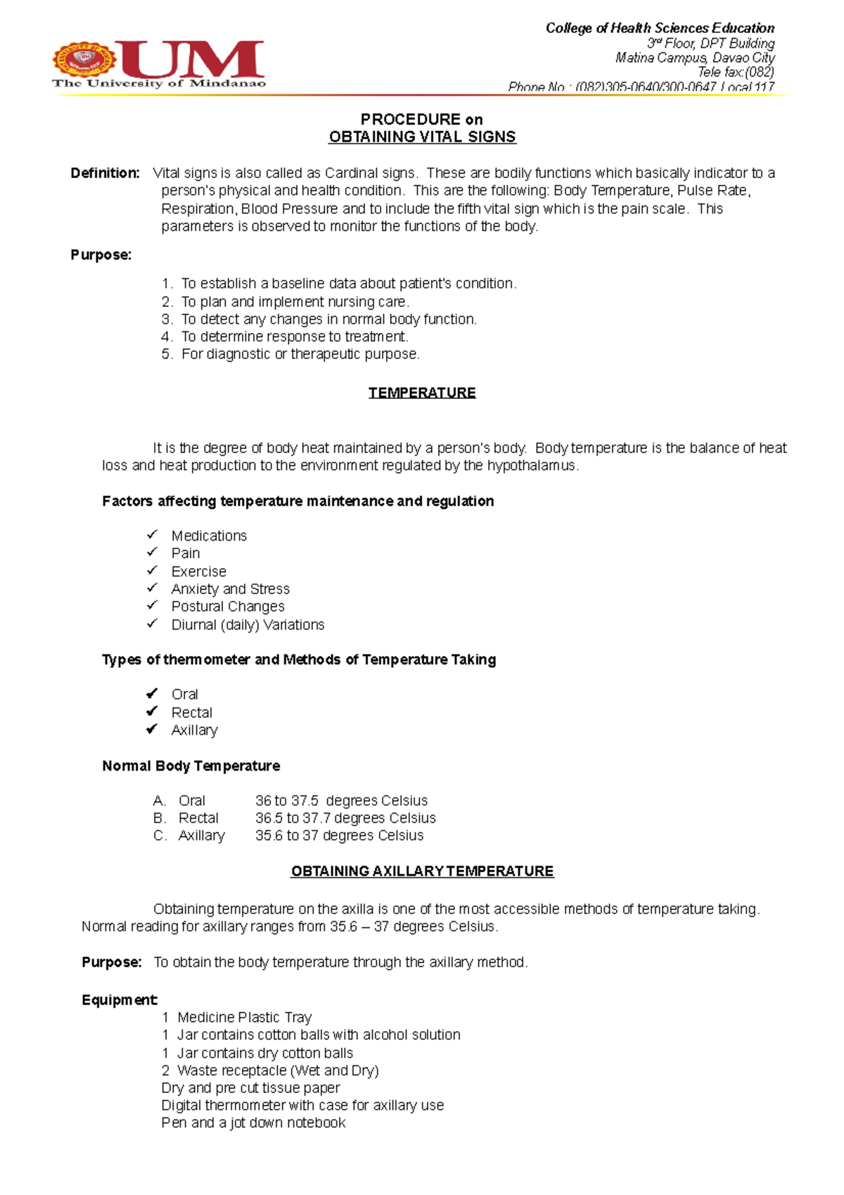 Procedure on Vital Signs with Checklist for Nursing Practice - Studocu