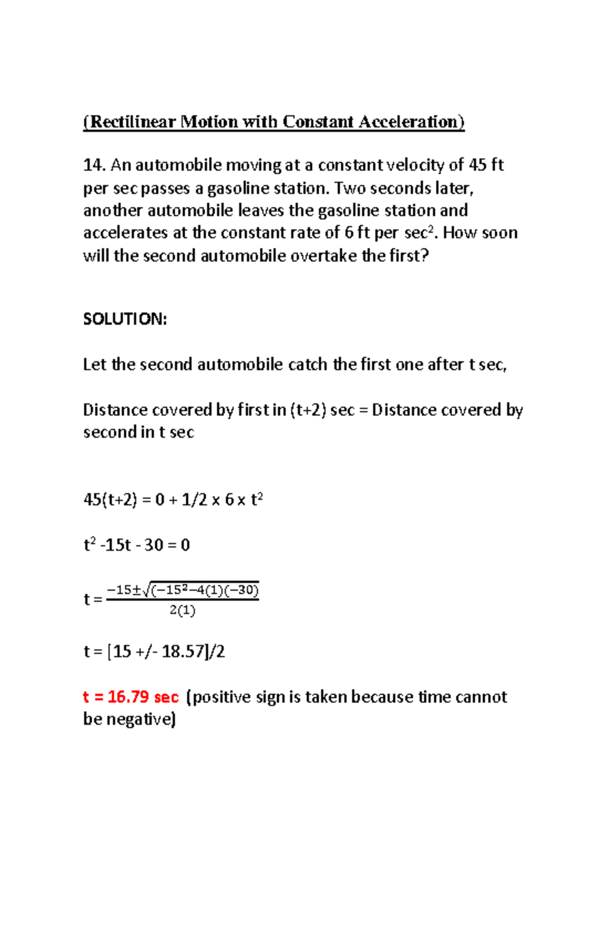 Rectilinear Motion with Constant Acceleration - MAE 101 Solutions - Studocu