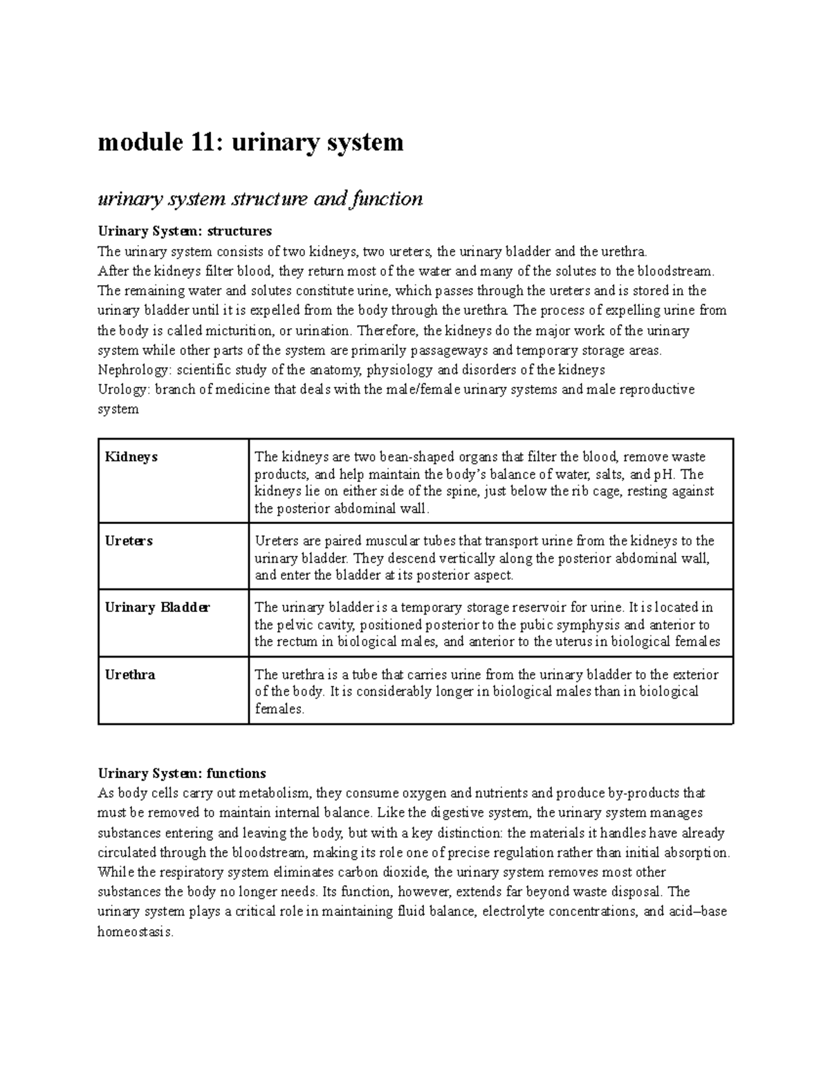 Module 11: Urinary System Structure & Function Overview - Studocu
