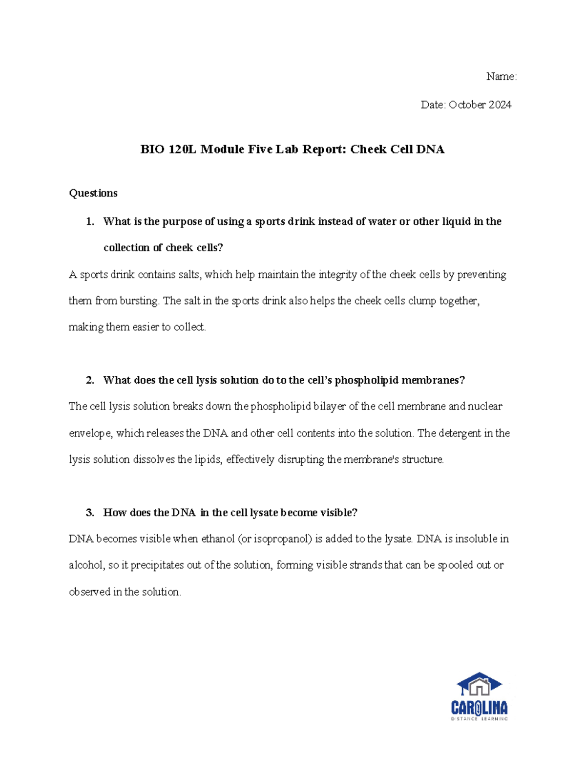 BIO 120L Module Five Cheek Cell DNA Extraction Lab Report Complete ...