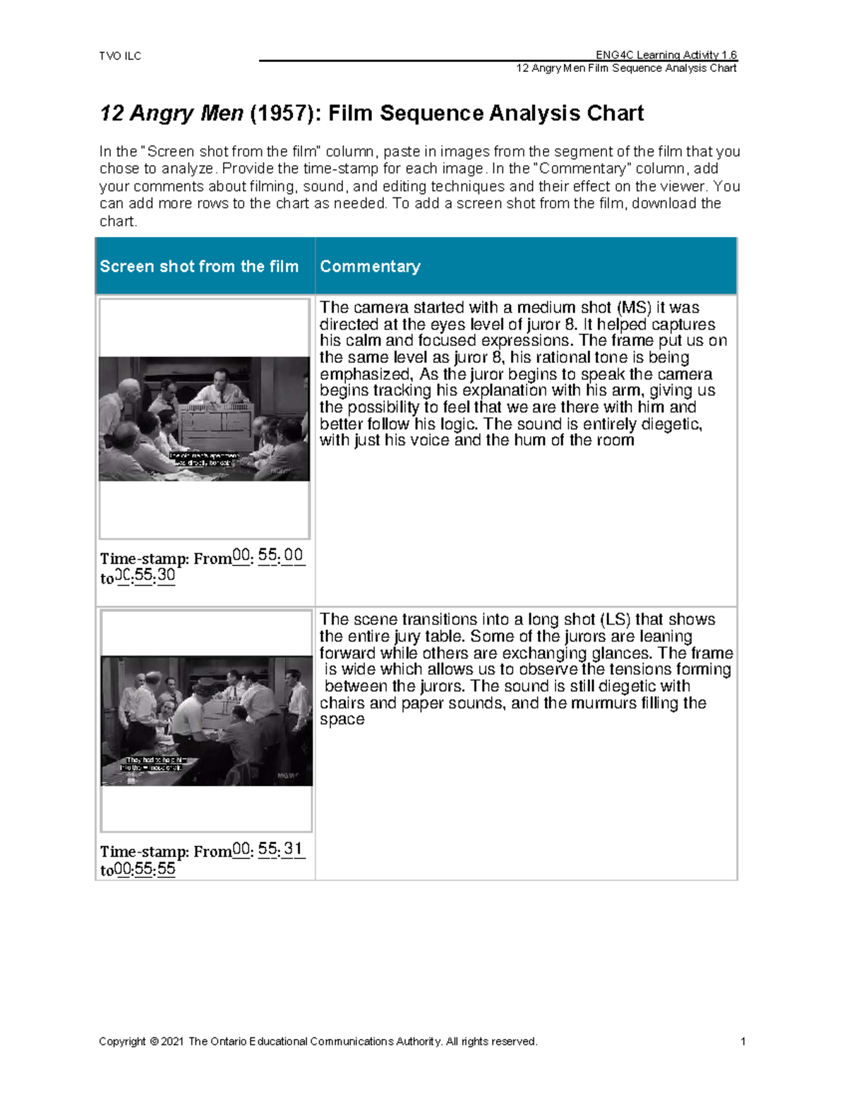 ENG4C Film Analysis: 12 Angry Men Sequence Chart - Studocu