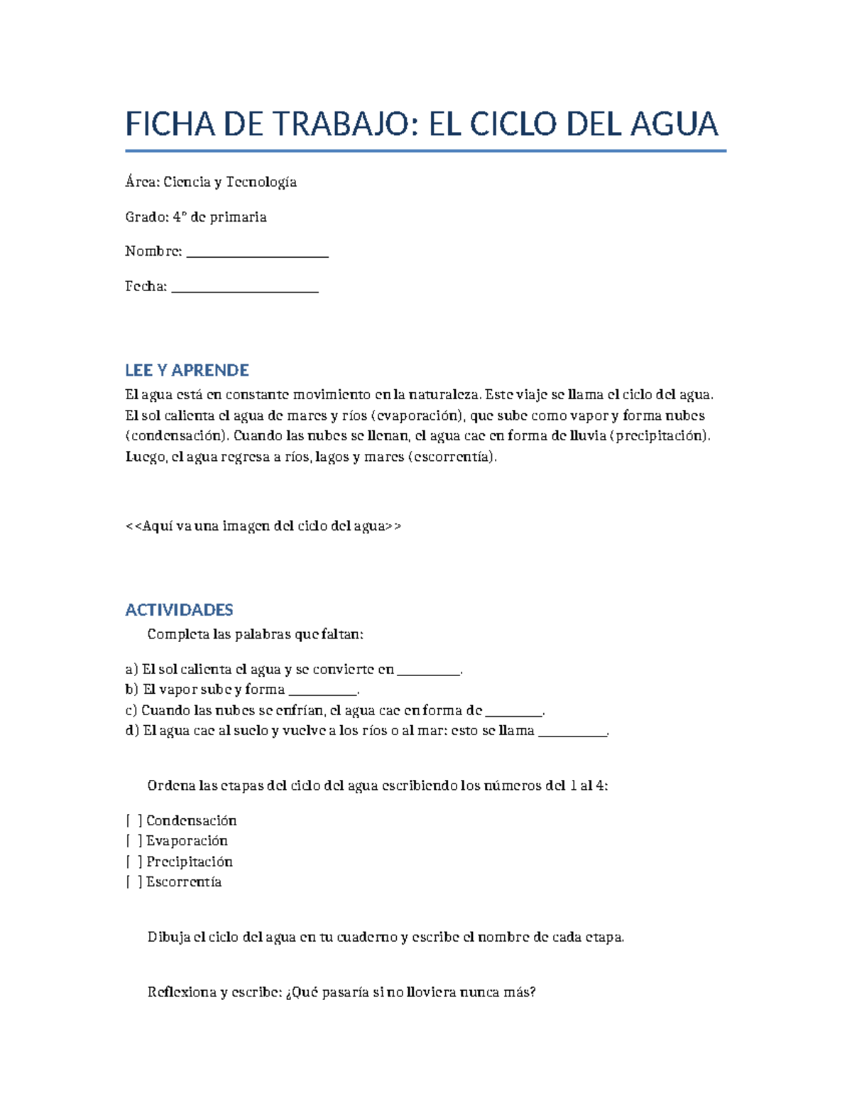 Hoja De Trabajo Sobre El Ciclo Del Agua Para Cuarto Grado