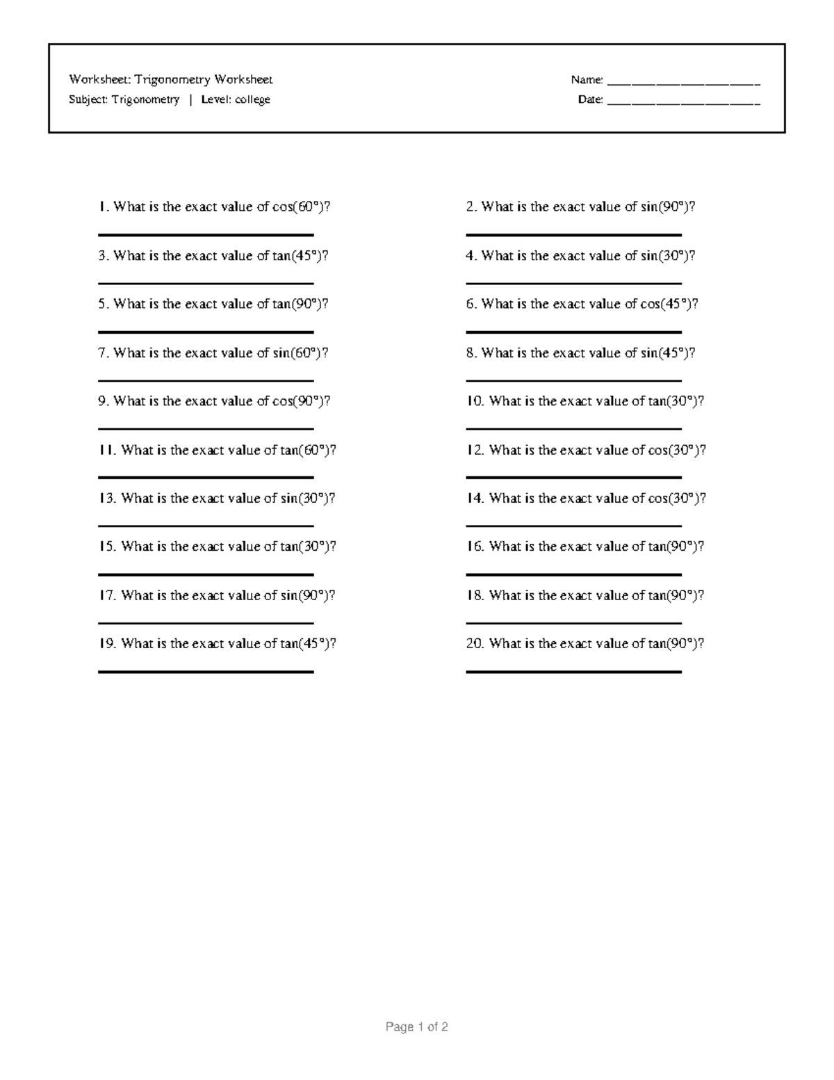 Trigonometry Worksheet: Exact Values & Problem Solving - Studocu
