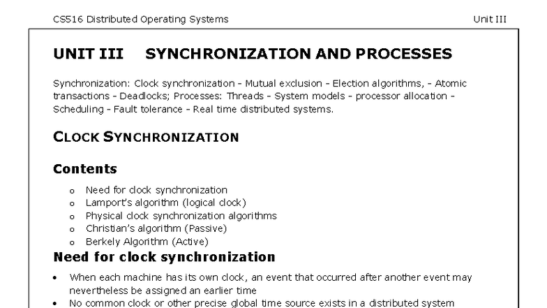 CS516 Distributed Operating Systems: Synchronization & Processes Notes ...