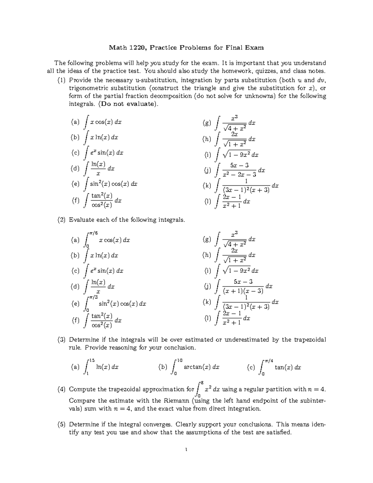 Math 1220 Final Exam Review: Practice Problems and Solutions - Studocu