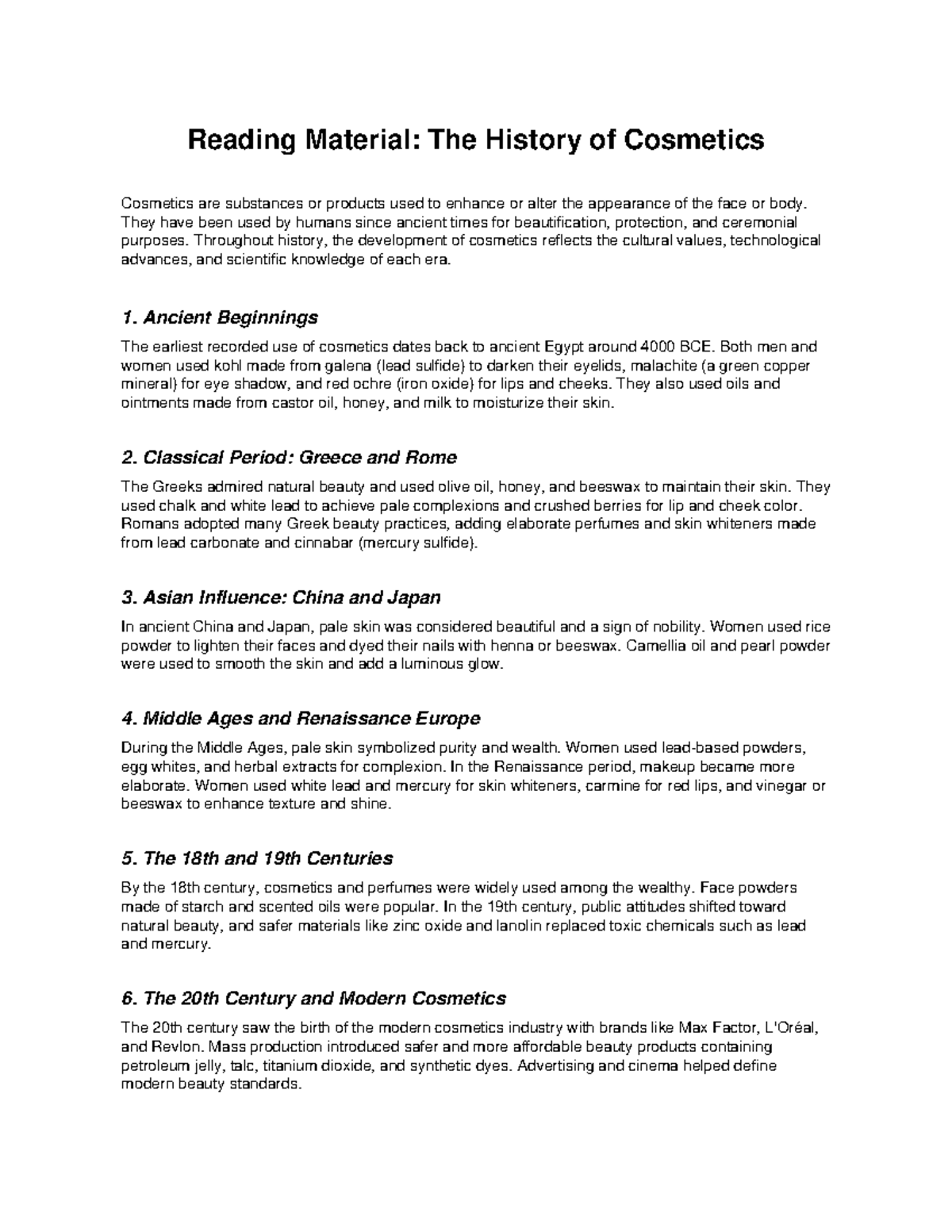 Reading Material: The History of Cosmetics (COS101) - Studocu