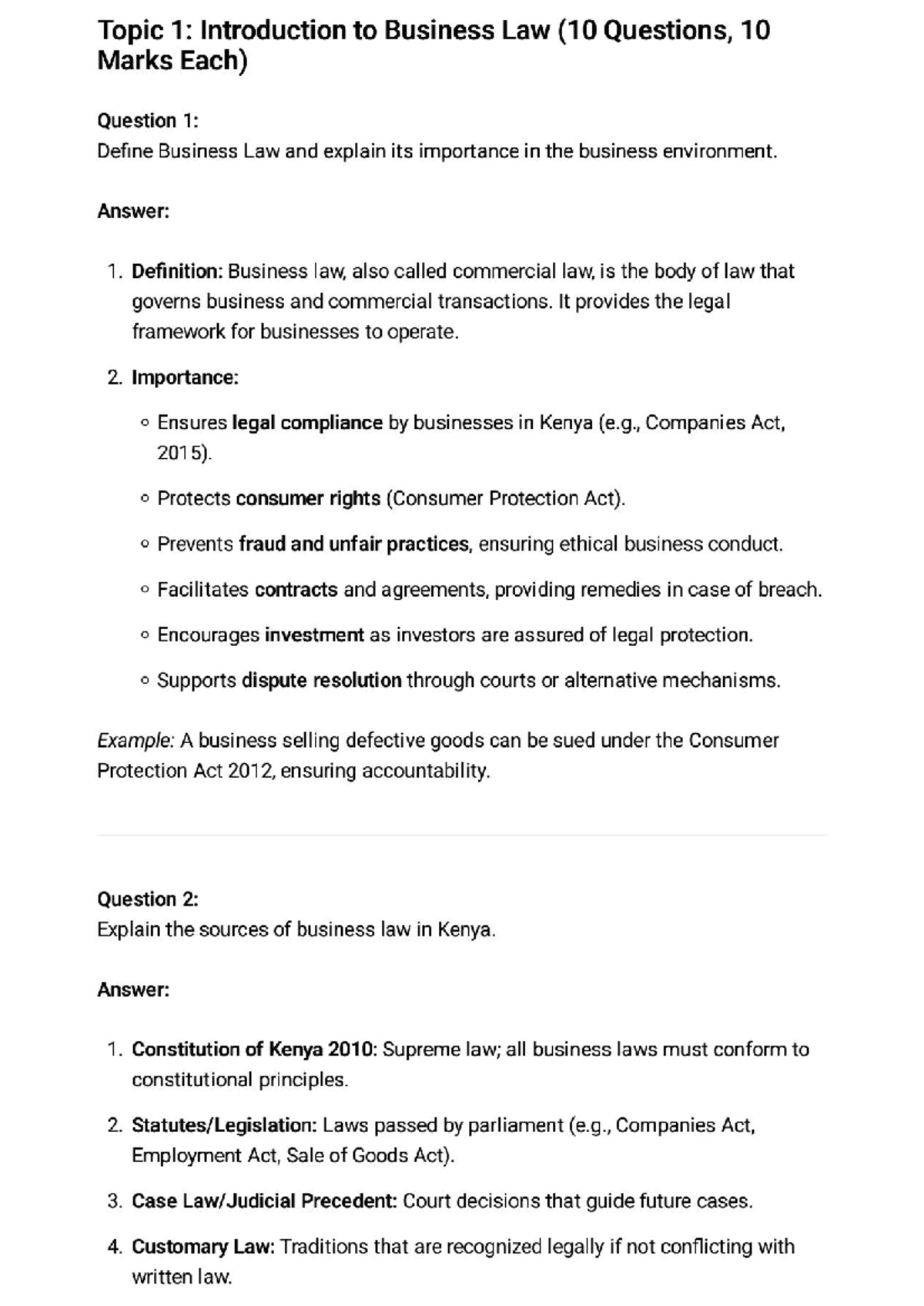 Business Law Revision Notes (BL 101): Key Concepts & Questions - Studocu