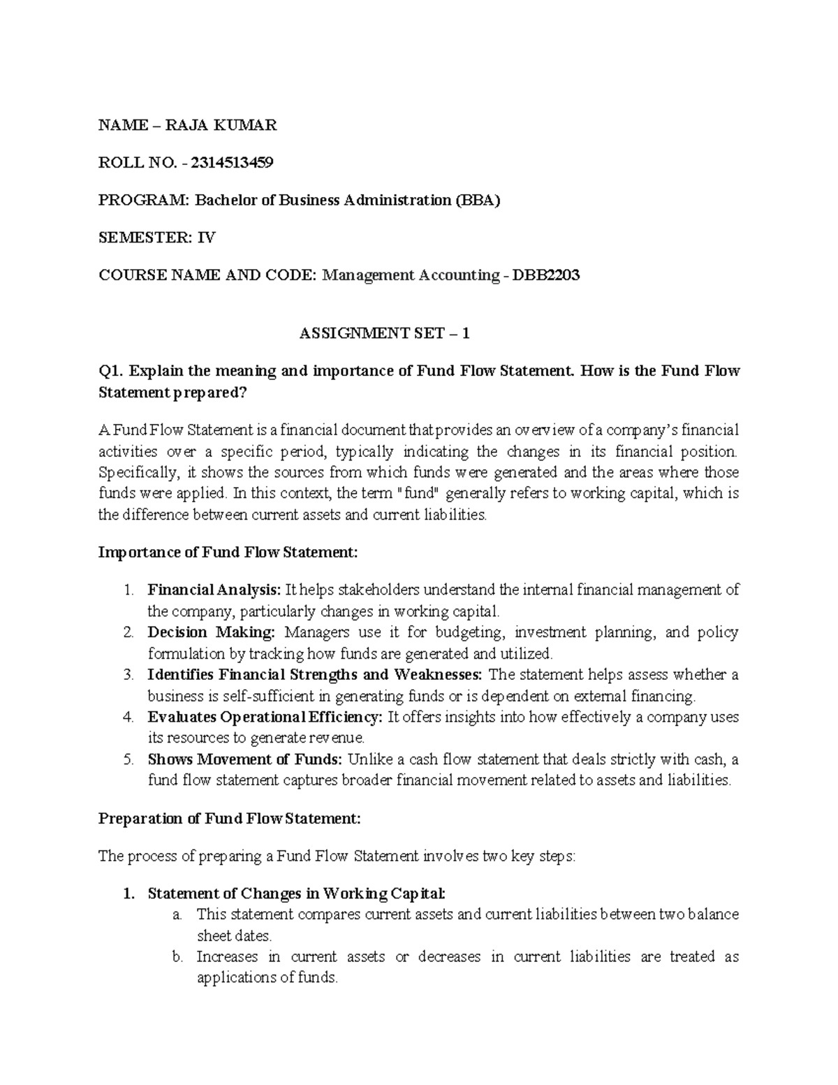Management Accounting Assignment DBB2203: Fund Flow Statement ...