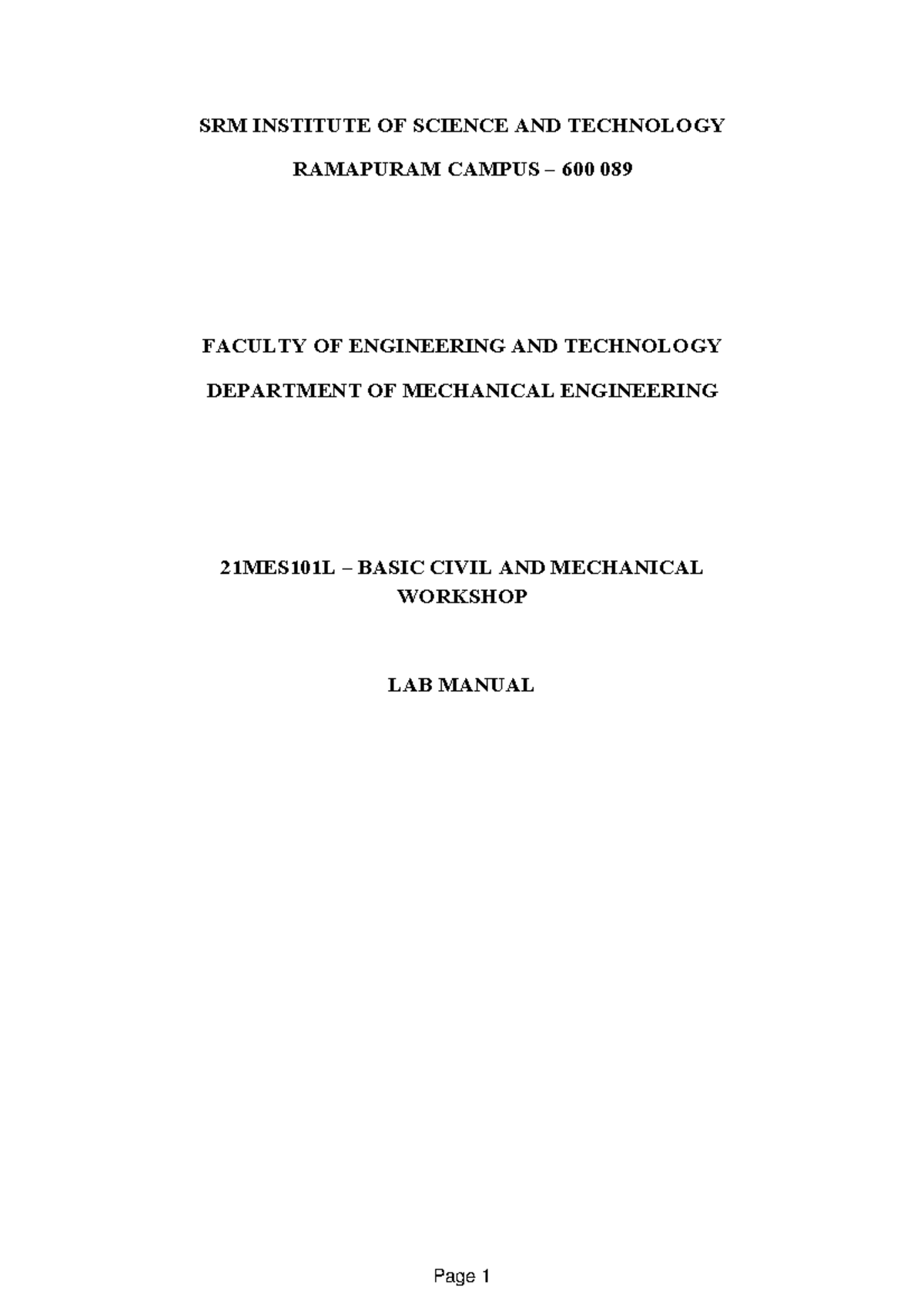 21MES101L Basic Civil and Mechanical Workshop Lab Manual - Studocu