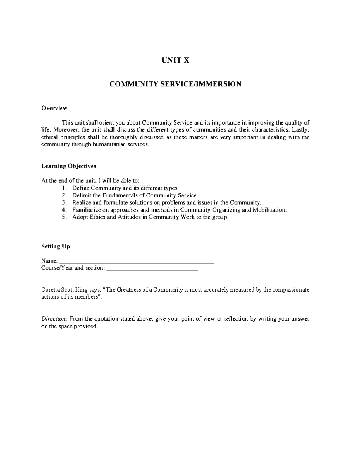 NSTP Module Unit 10: Community Service and Immersion Overview - Studocu