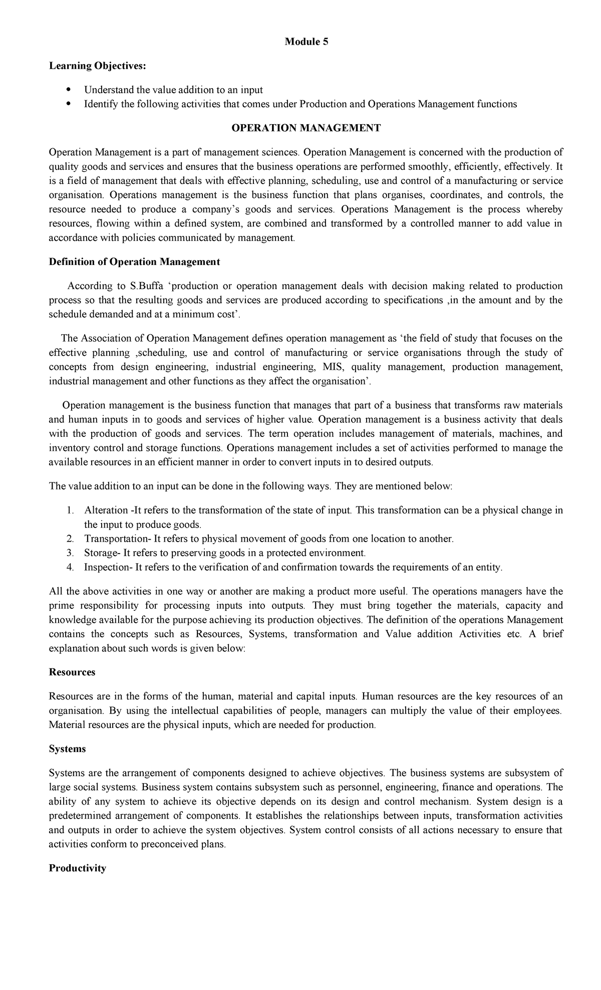 Module 5 - Lecture 5: Operations Management and Value Addition - Studocu