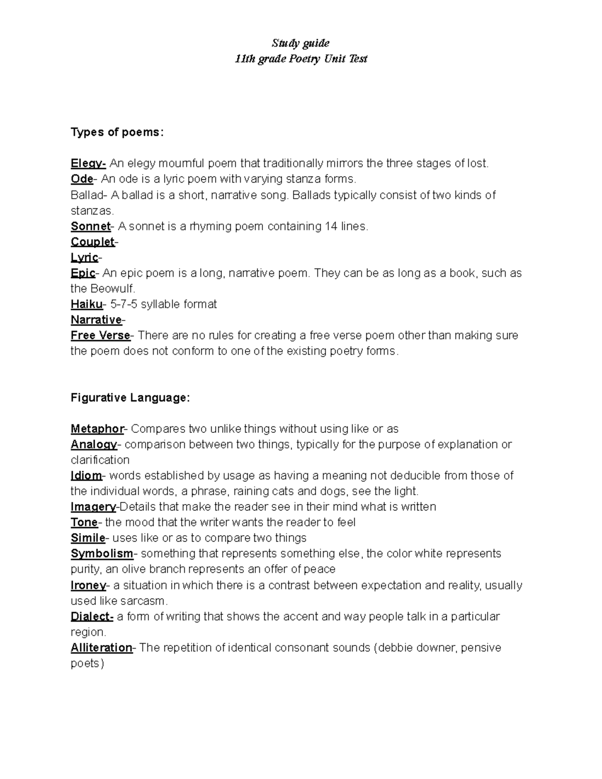 11th Grade Poetry Unit Test Study Guide: Key Concepts and Terms - Studocu