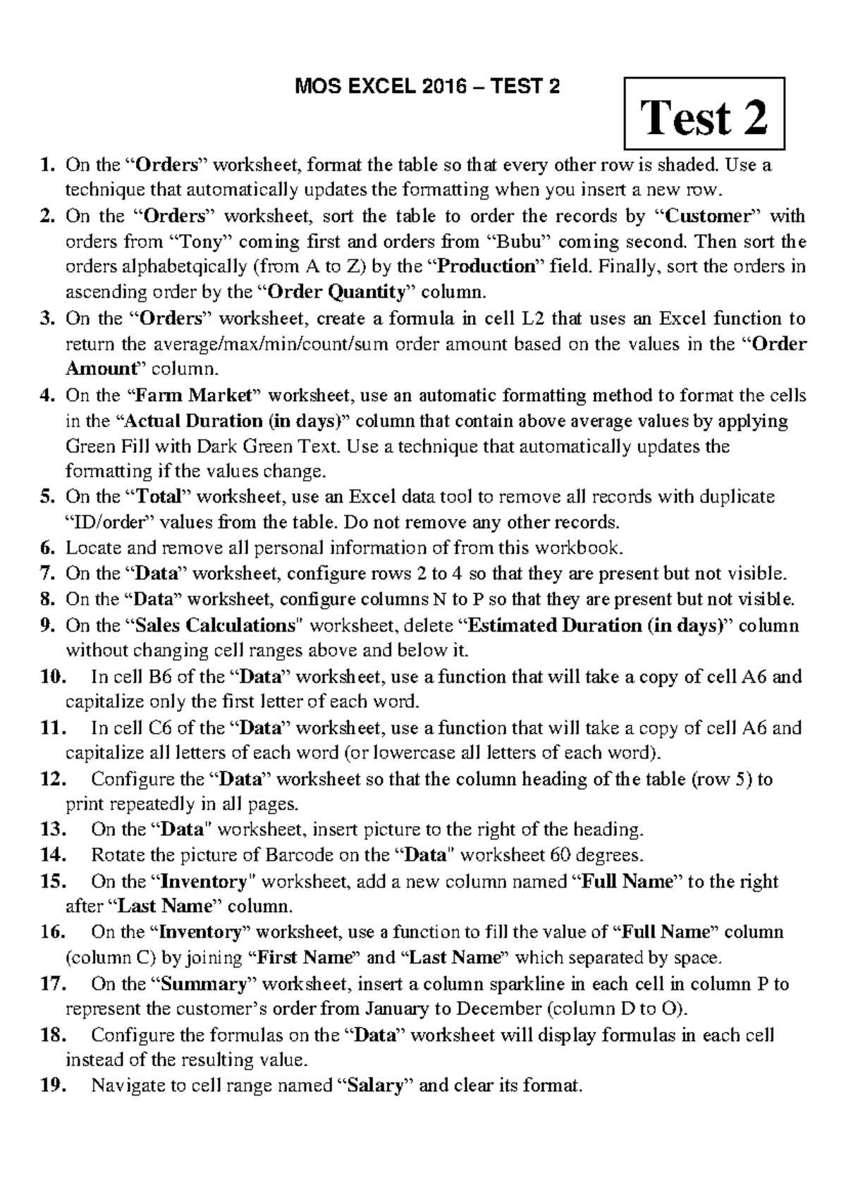 3. MOS Excel 2016 Test 2: Key Questions and Formatting Techniques - Studocu