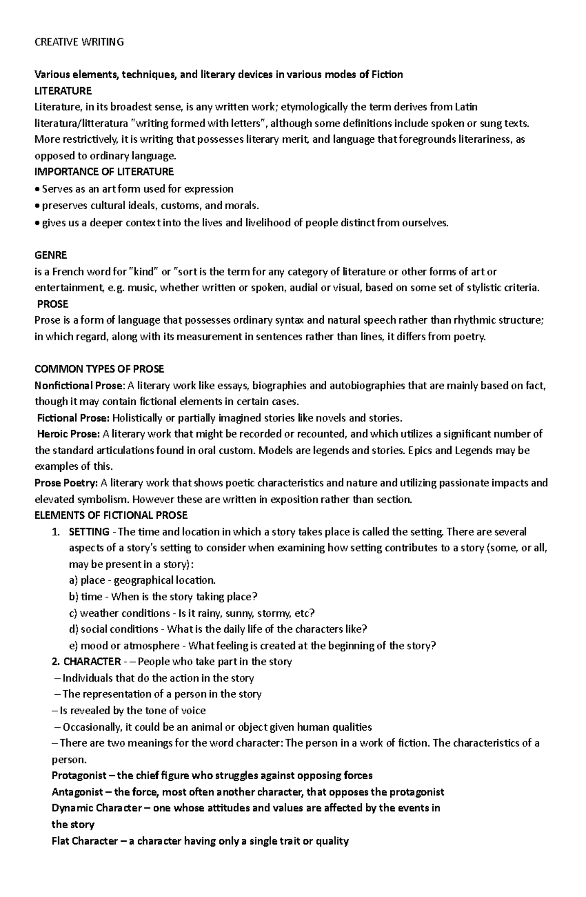 Creative Writing Lecture AND Reviewer - CREATIVE WRITING Various elements, techniques, and ...