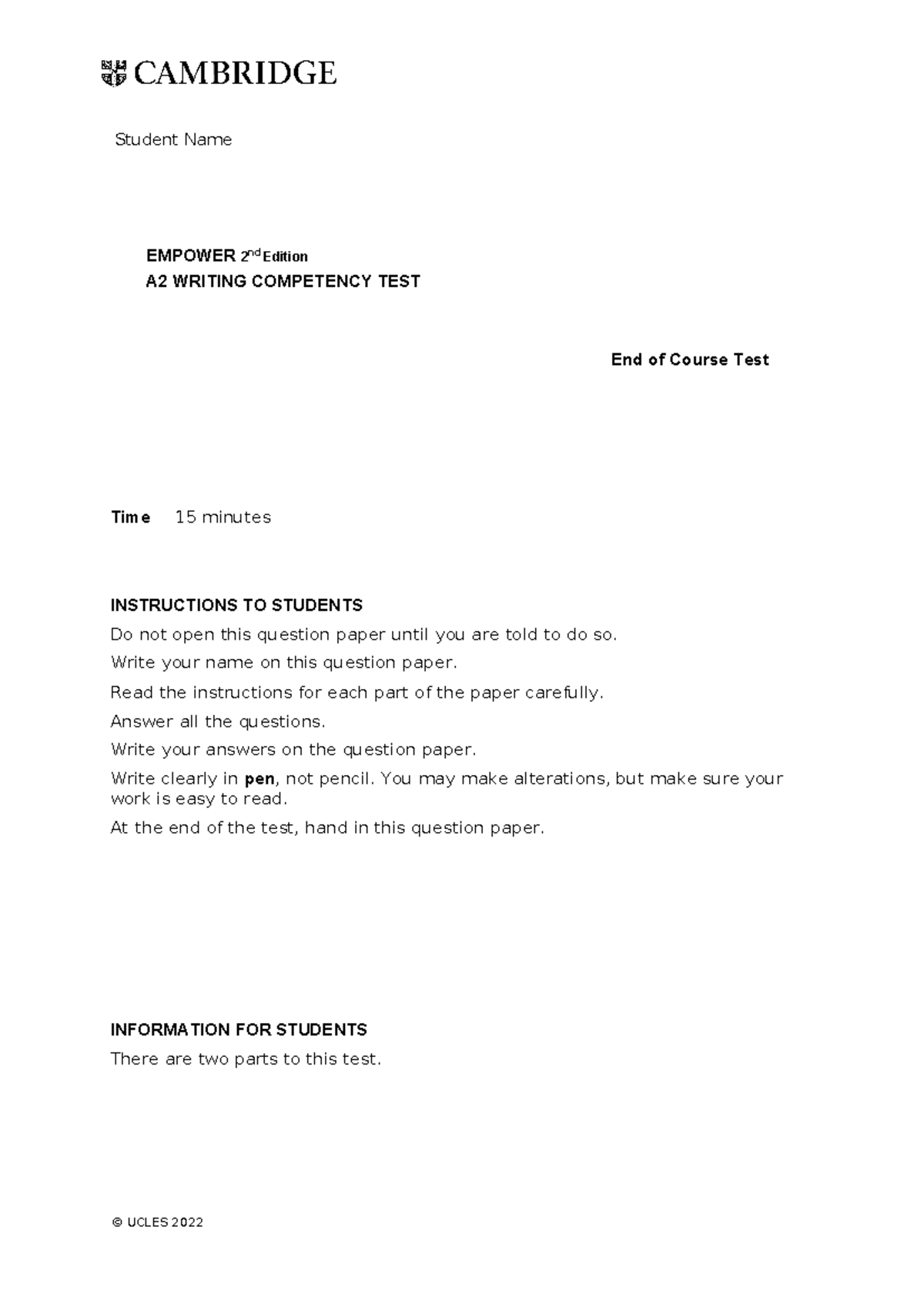 A2 Writing Competency Test - End of Course Exam Guidelines - Studocu