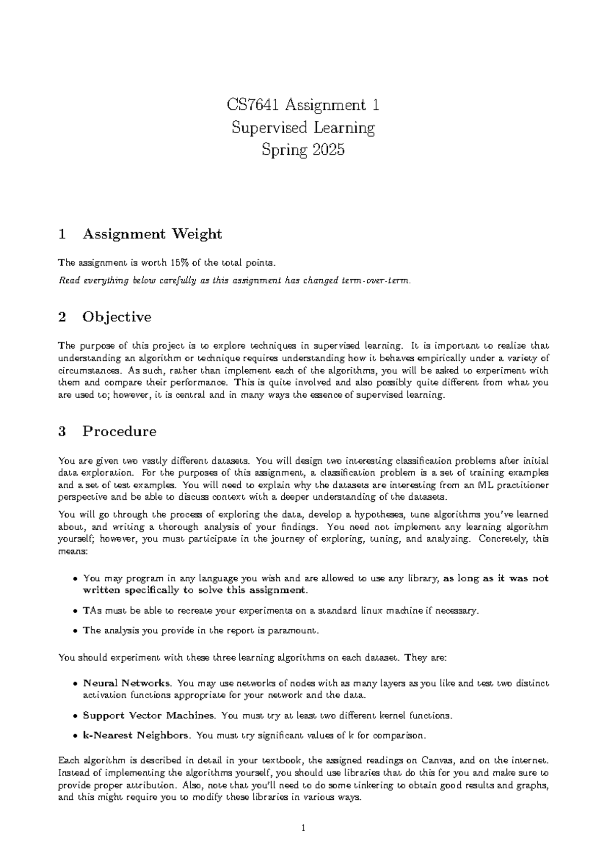 CS7641 Supervised Learning Assignment 1 Details - Spring 2025 - Studocu