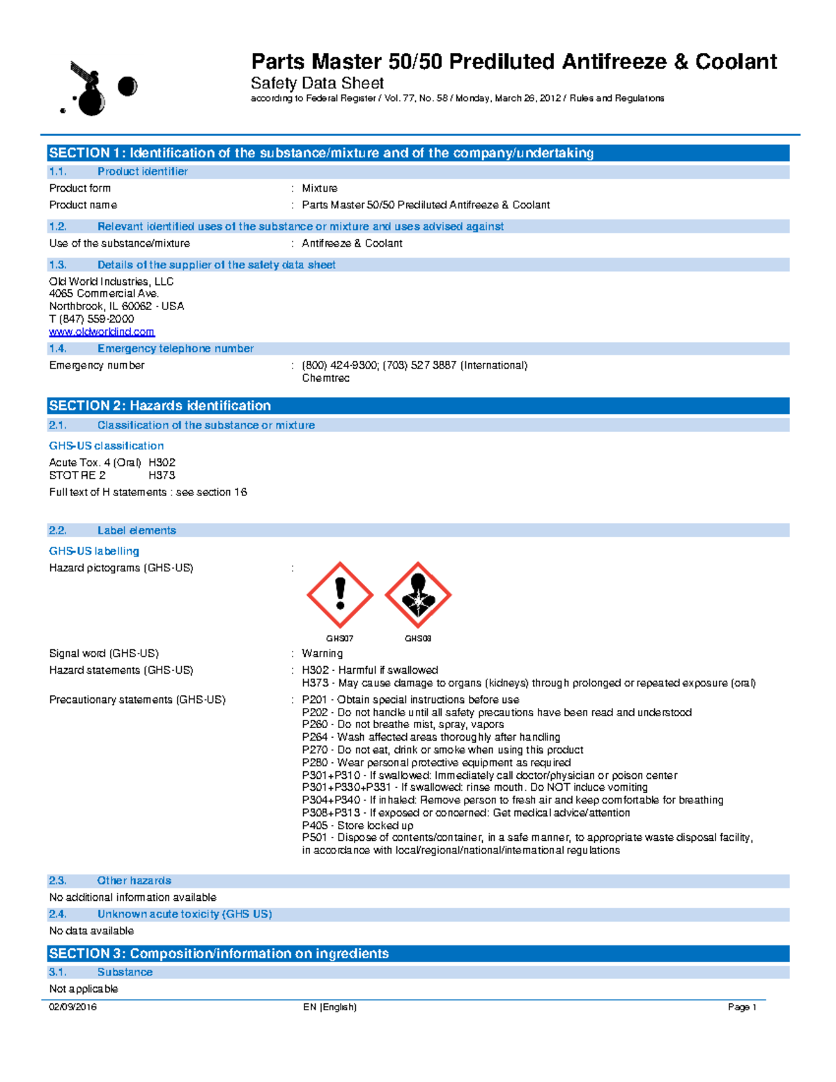 Parts Master 5050 Prediluted Antifreeze Coolant Safety Data Sheet - Studocu