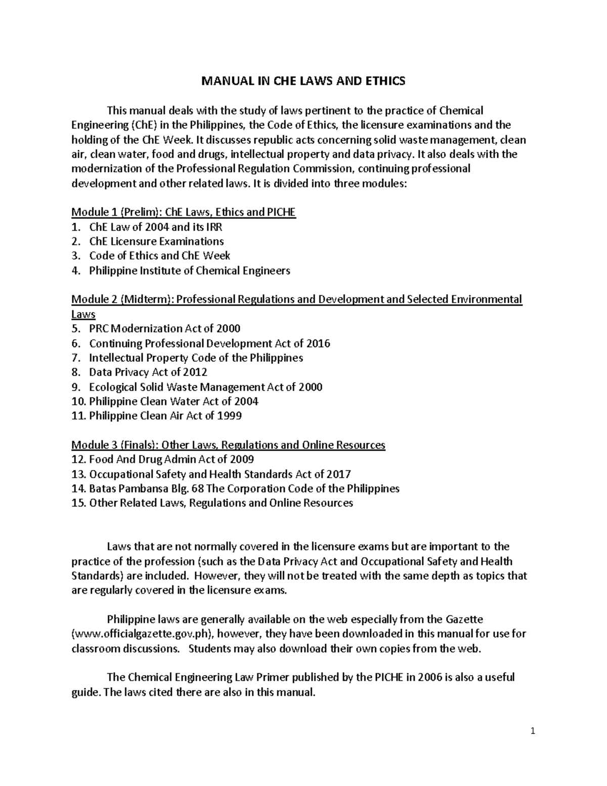 Ch E Laws and Ethics Manual: A Comprehensive Guide for Students - Studocu